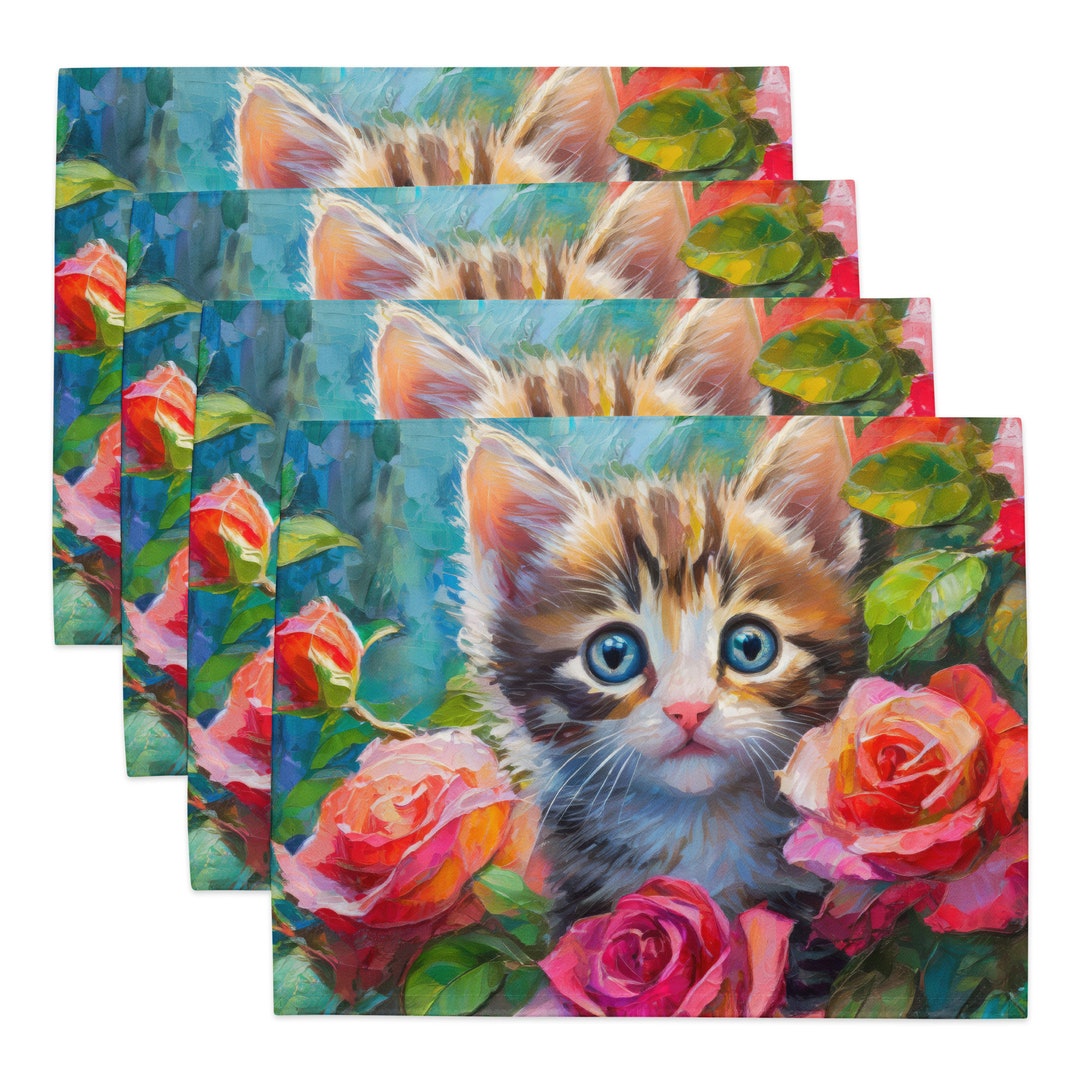 Adorable Kitten in Rose Bush Table Placemat Set of 4 - Colorful Oil ...
