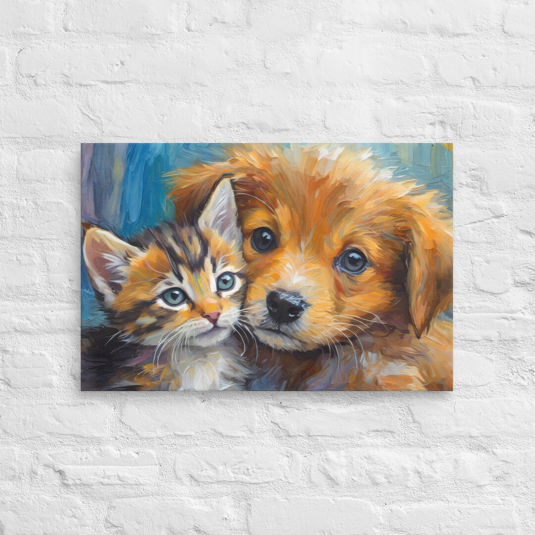 Vibrant Kitten and Puppy Cuddling Oil Painting – Colorful Fine Art ...