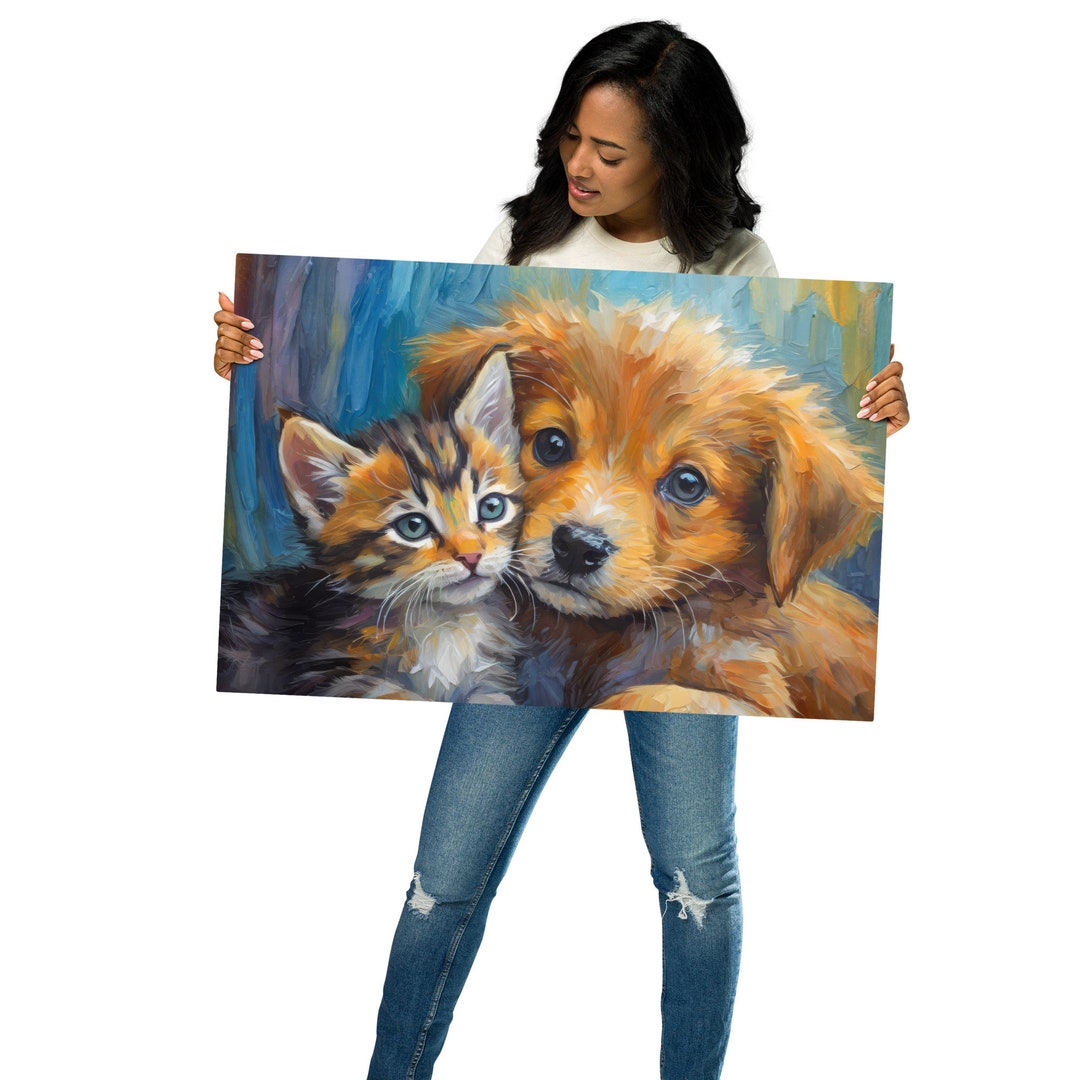 Cuddling Kitten and Puppy Fine Art Metal Print - Cute and Colorful Oil ...