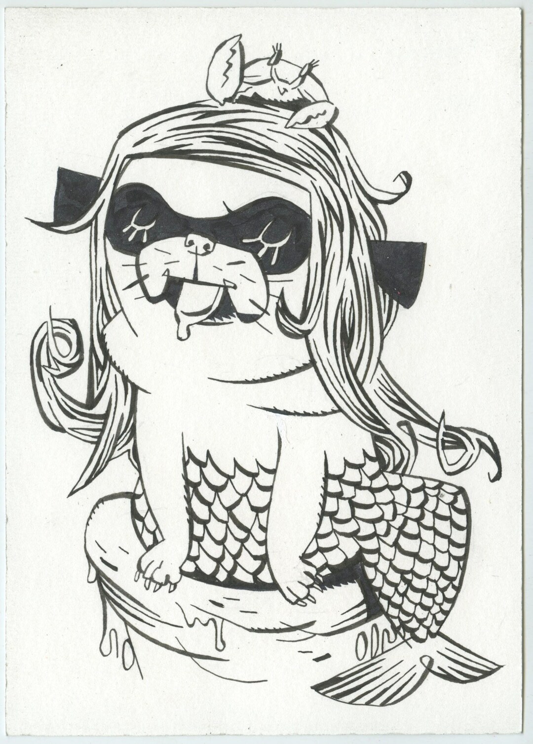 Mermaid Pug – Ink Drawing - Etsy