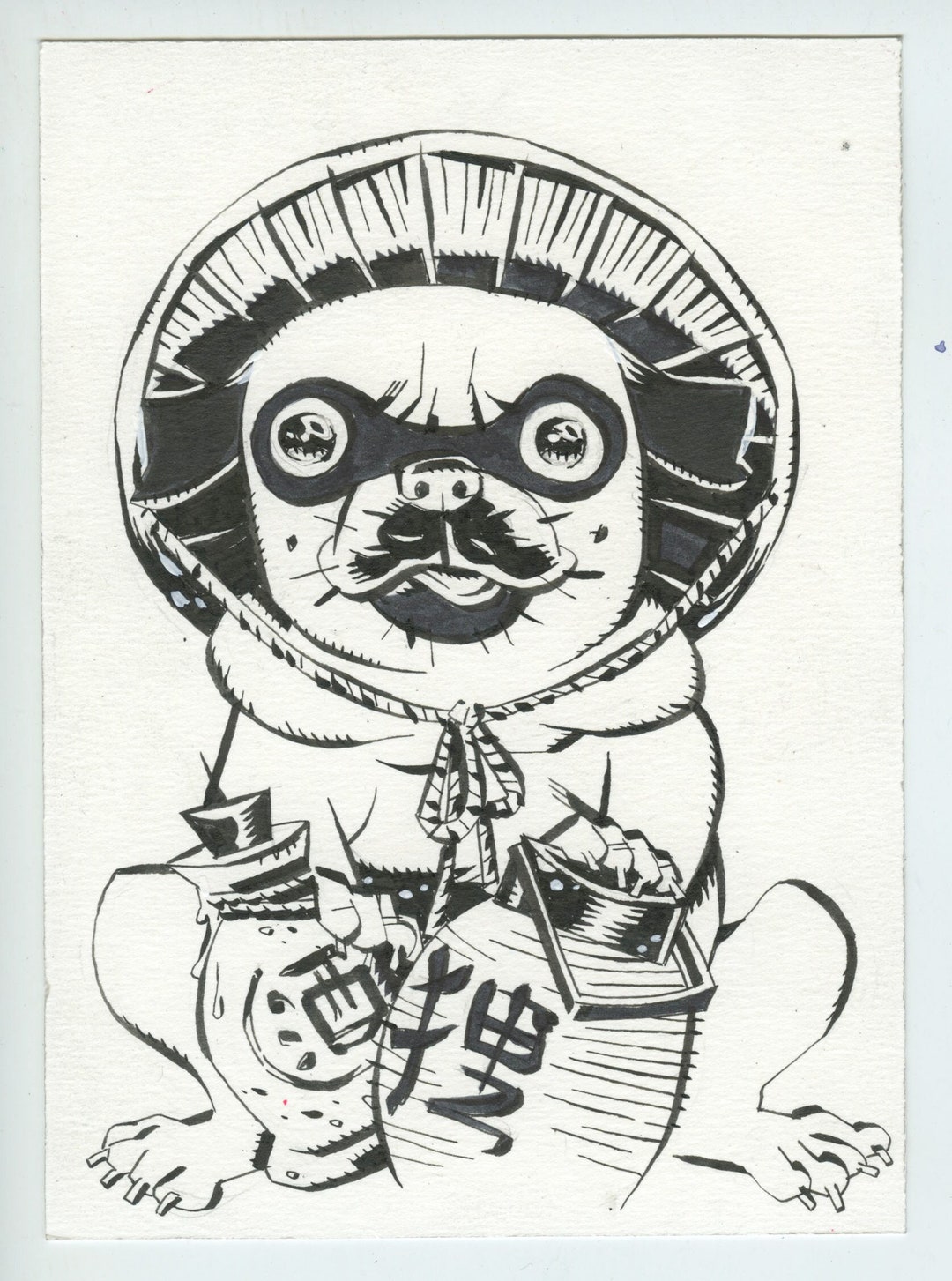 Tanuki Pug – Ink Drawing - Etsy