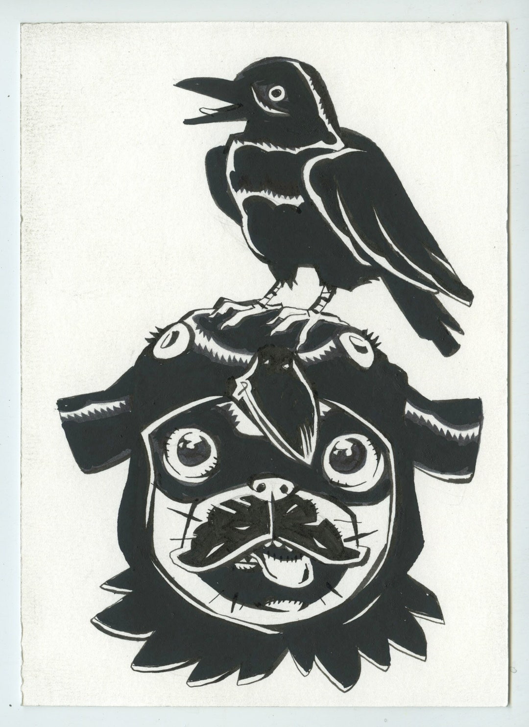 Crow and Pug – Ink Drawing - Etsy