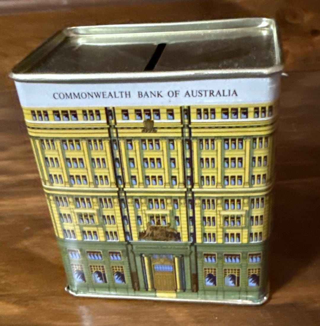 Vintage Commonwealth Bank of Australia Tin Money Box Green & Gold ...