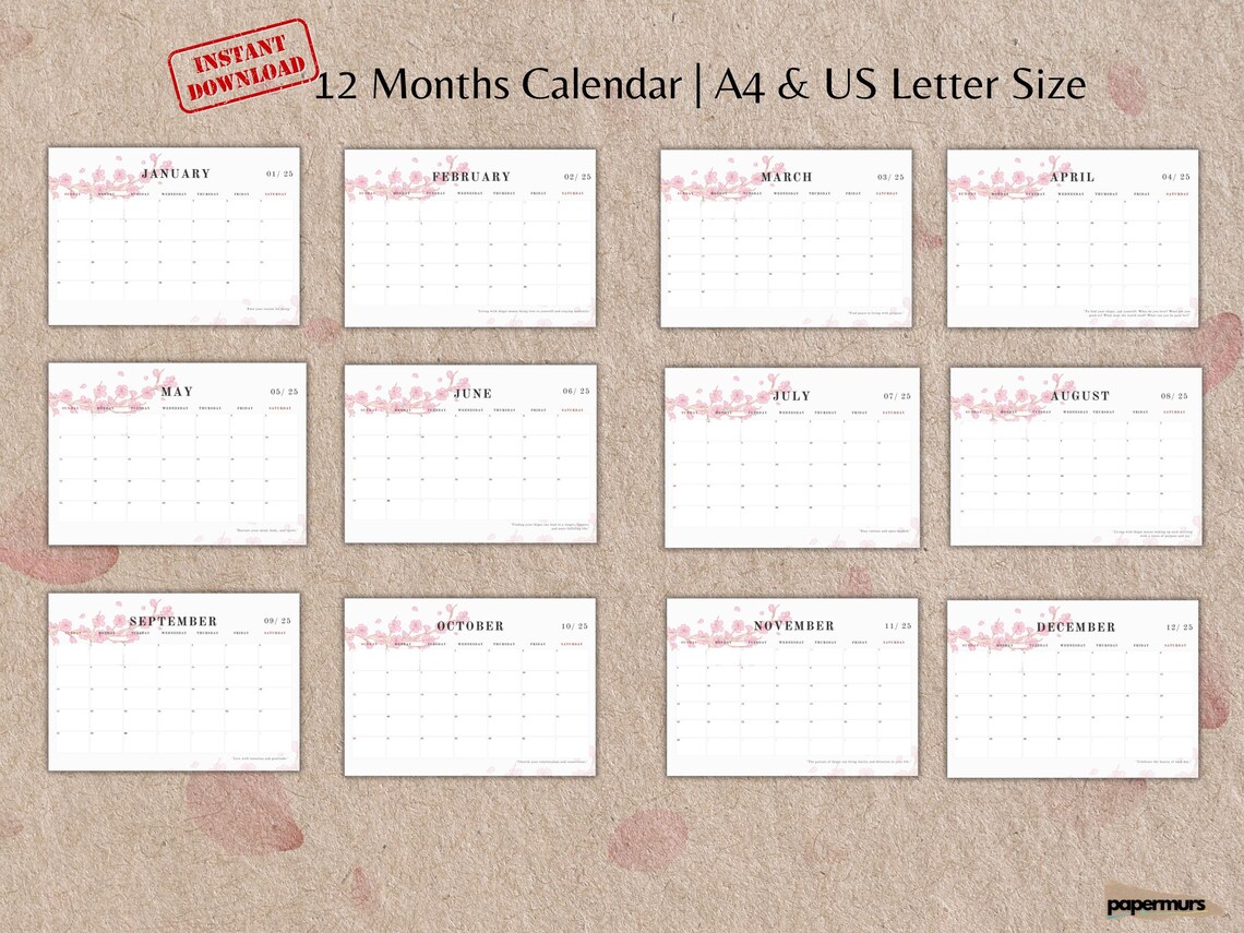 Printable Ikigai Calendar 2025 Monthly Planner 2025 A4 Landscape Sunday ...