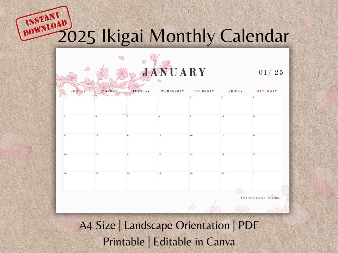 Printable Ikigai Calendar 2025 | Monthly Planner 2025 | A4| Landscape ...