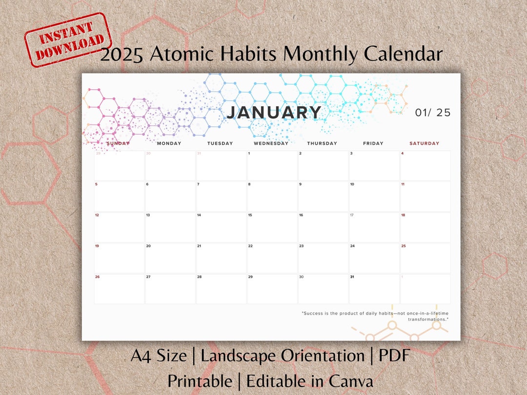 Printable Atomic Habit Calendar 2025 | Monthly Planner 2025 | A4 ...
