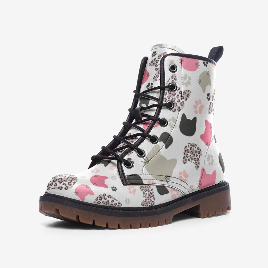 Colorful Cats Faux Leather Lace up Boots, Combat Boots, Cute Cat Boots ...