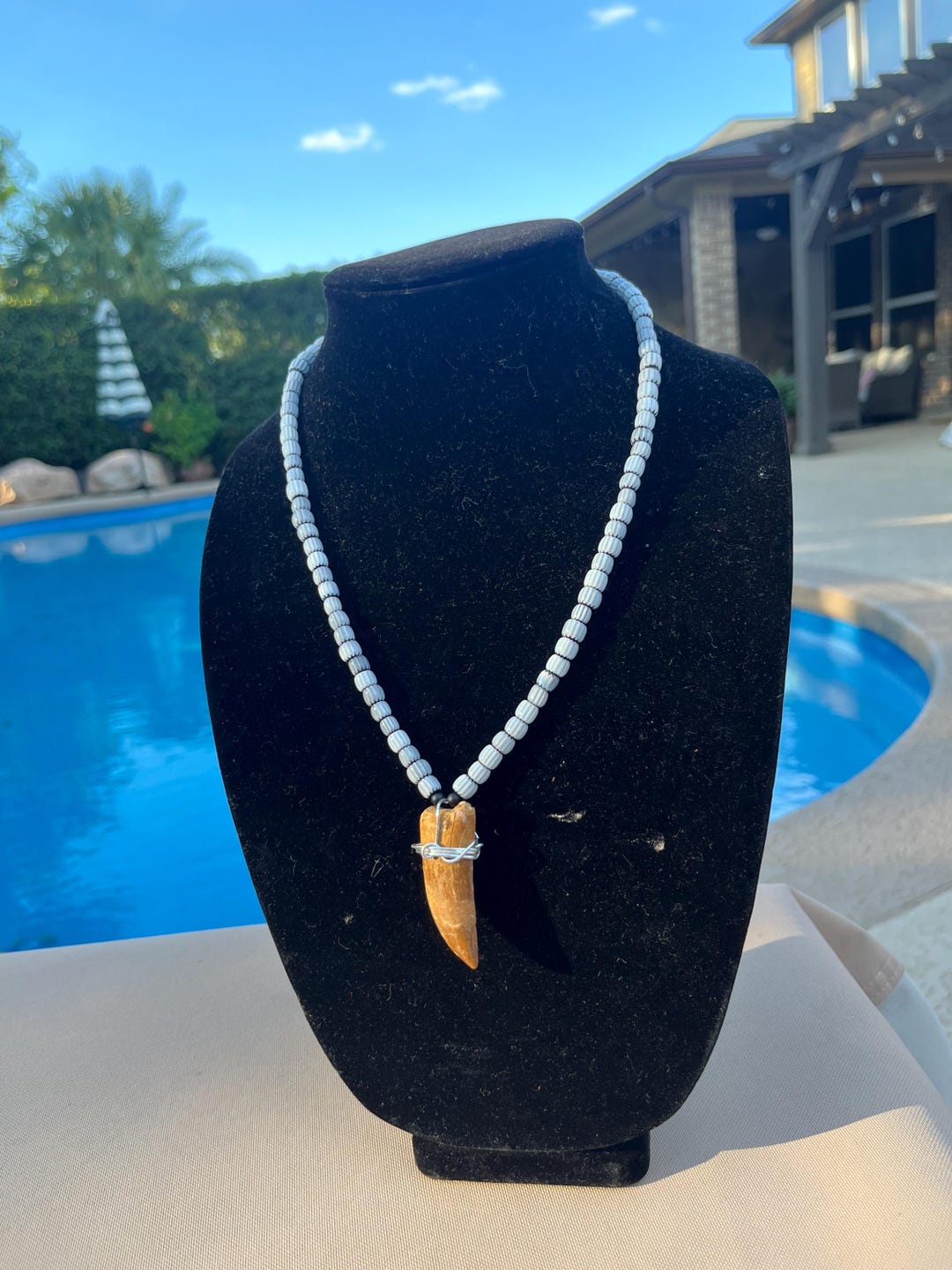 The African T-rex (carcharodontosaurus) Necklace, White Chevron Beads ...