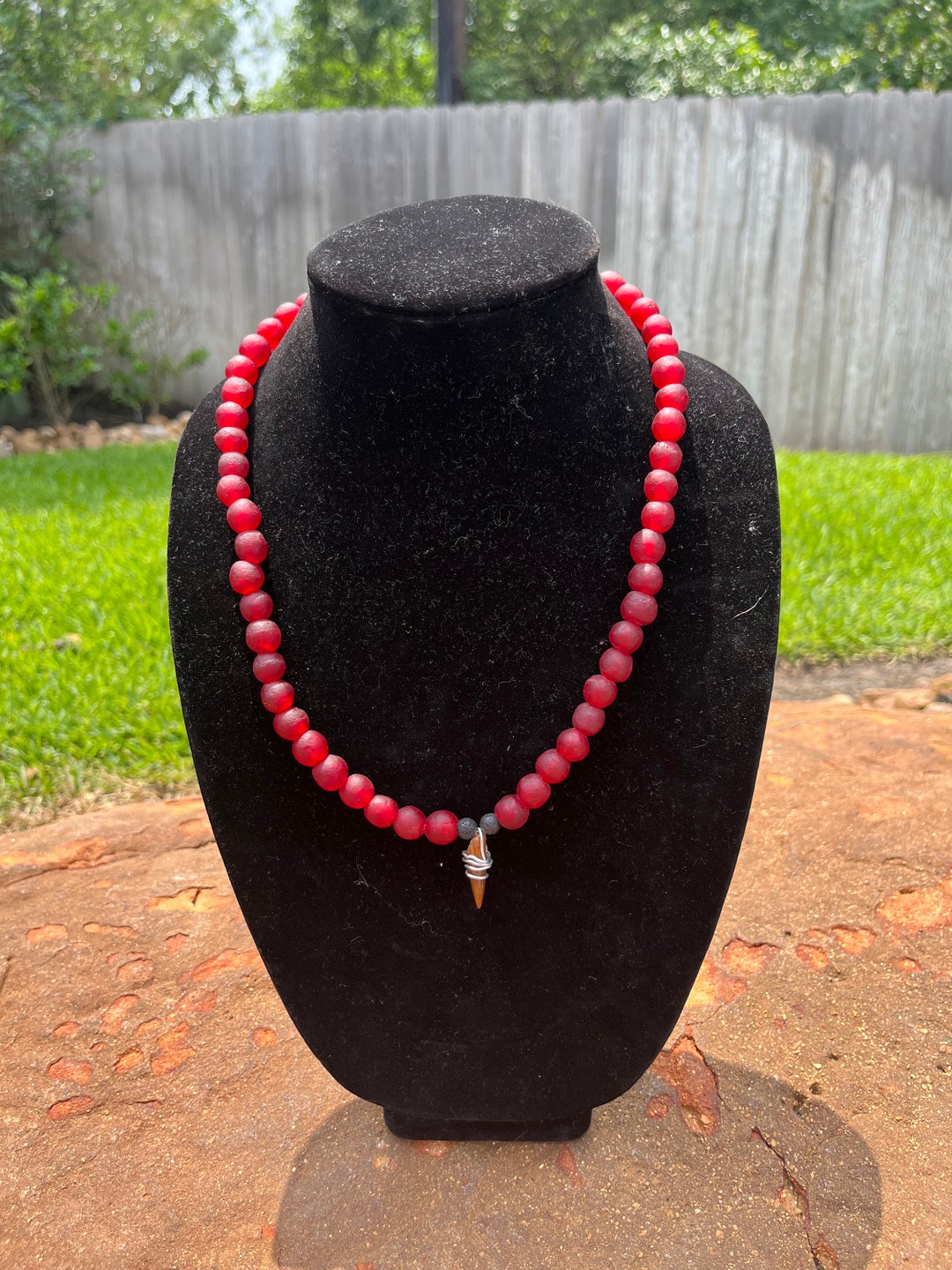 REAL Spinosaurus Tooth Necklace, African Red Glass Beads, Health, Lucky ...