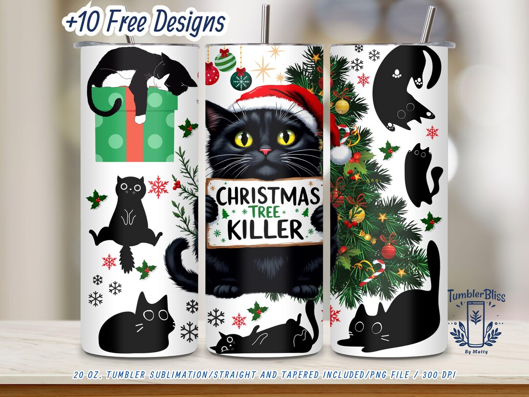 Christmas Tree Killer Cat 20 Oz Skinny Tumbler Wrap PNG – Funny Holiday ...