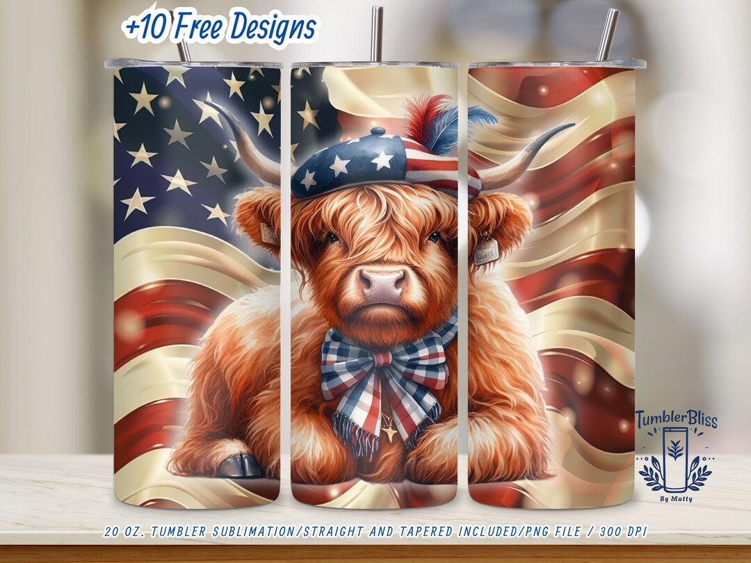 Patriotic Highland Cows With US Flag 20 Oz Skinny Tumbler Wrap PNG ...