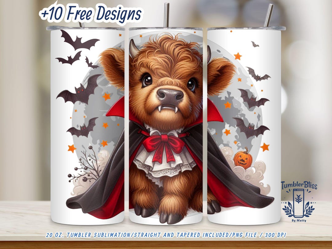 Vampire Highland Cow Halloween 20 Oz Skinny Tumbler Wrap PNG, Cute ...