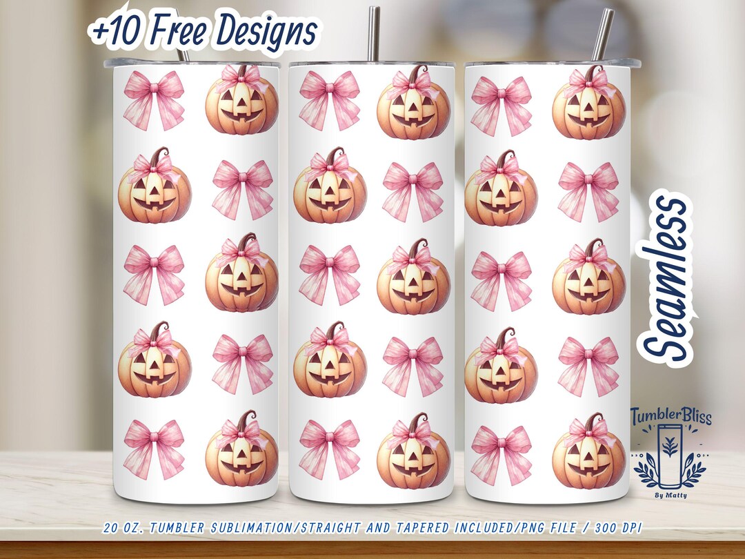 Jack-o'-lantern & Pink Coquette Bow Tumbler Wrap PNG | 20 Oz Skinny ...