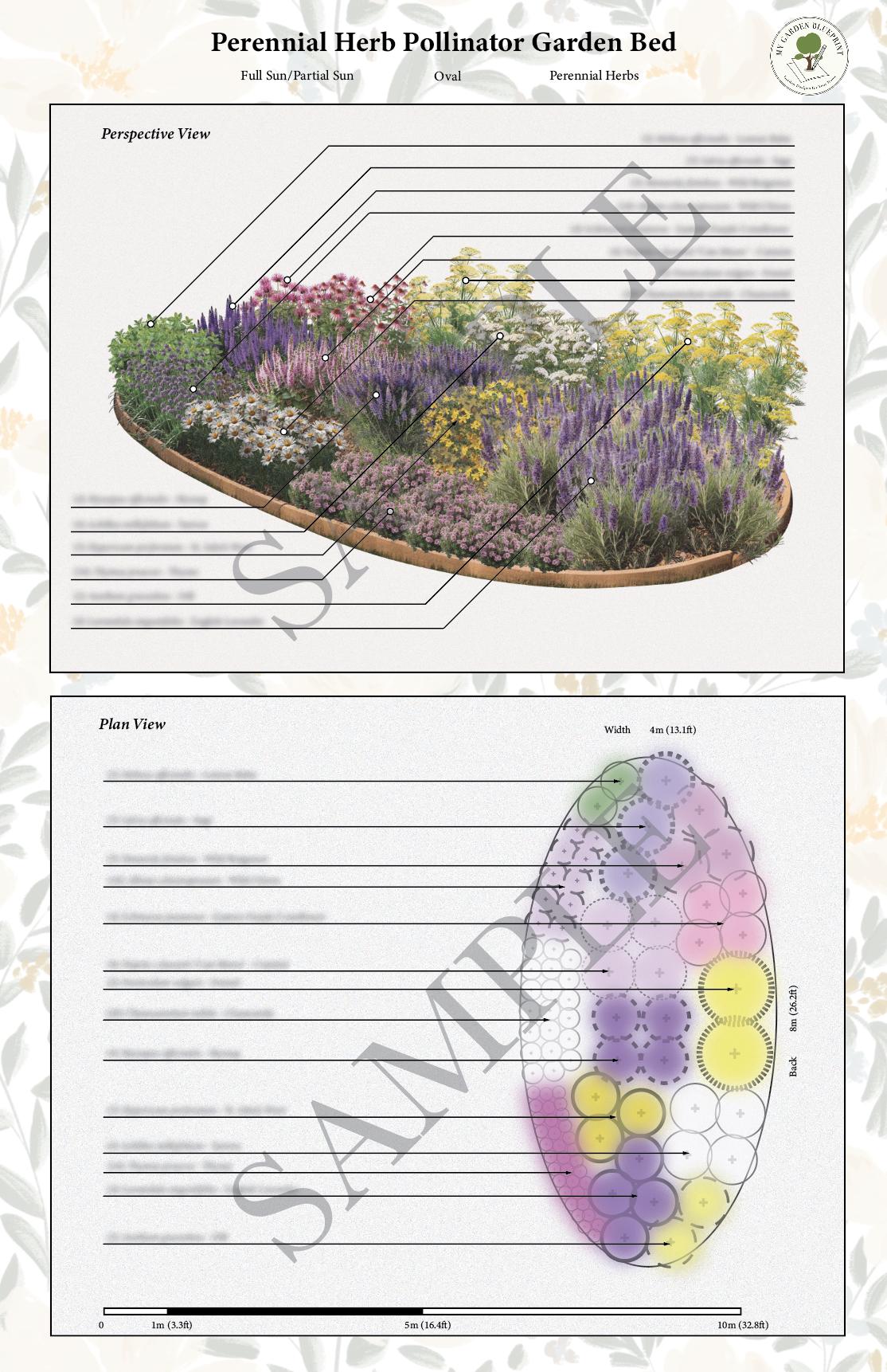 Perennial Herb Pollinator Garden Bed Template - Oval (8m X 4m - Drawn ...