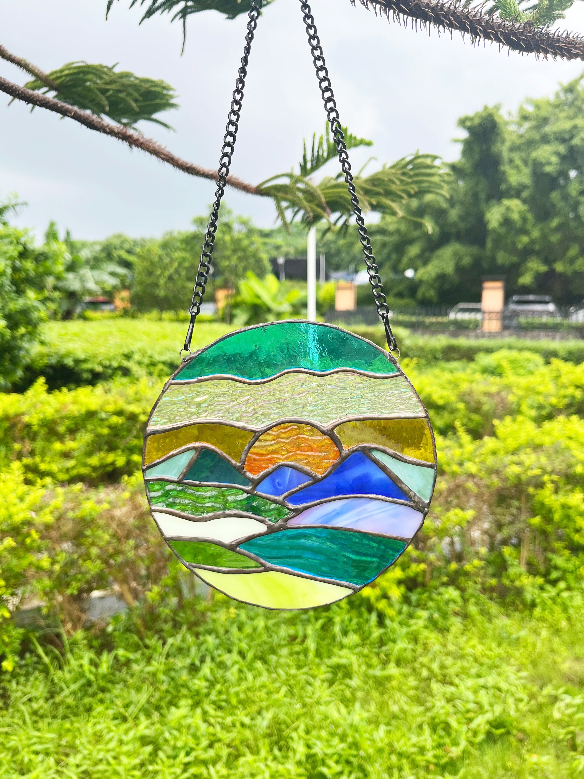 Glass Mountain Catcher, Mountain Sunset Stained Glass Decor, Bohemian ...