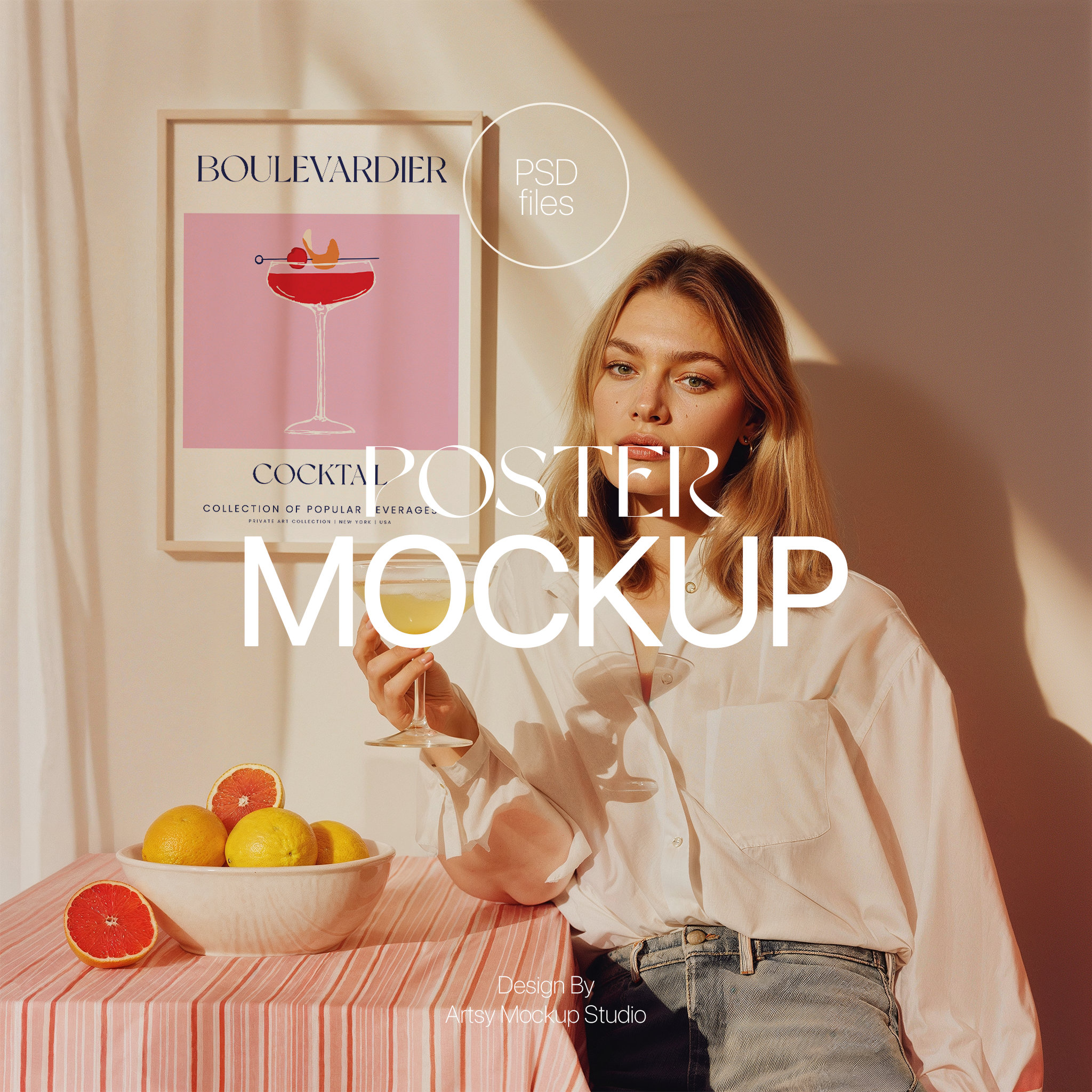 Cocktail Poster Mockup, Woman With Poster, Preppy Picture Frame, Photo ...