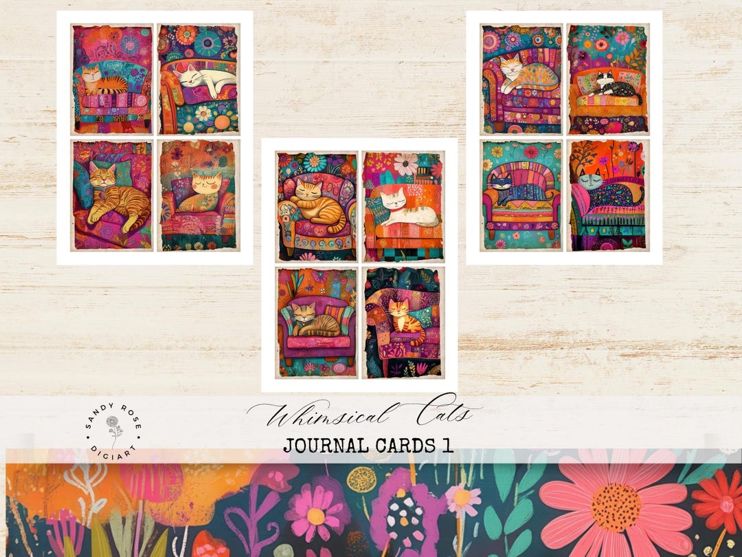 Whimsical Ephemera Cards, Quirky Cats Digital Printable, Colorful ...