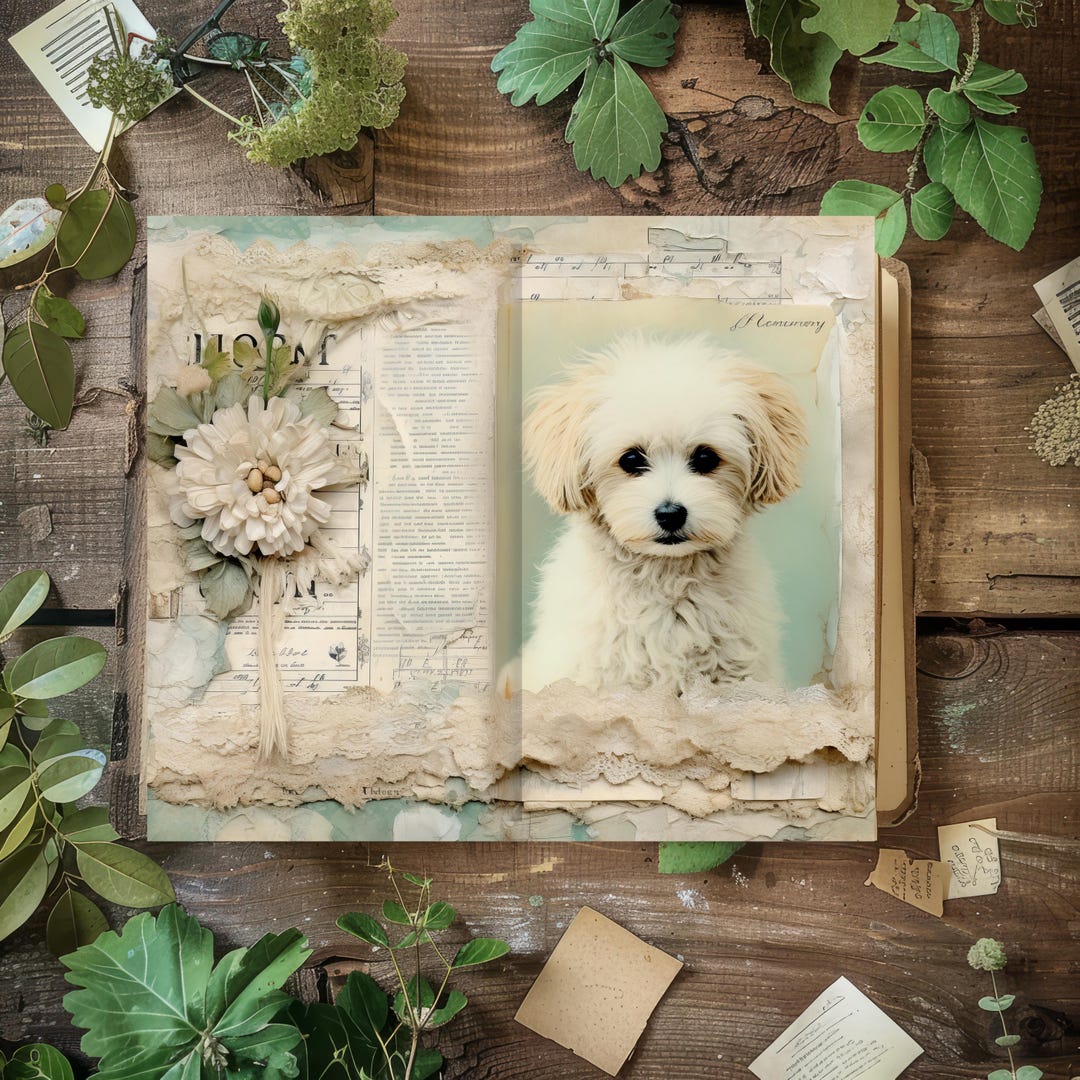 Junk Journal Pages Dog, Vintage Scrapbook Papers, Rustic Journal, Puppy ...