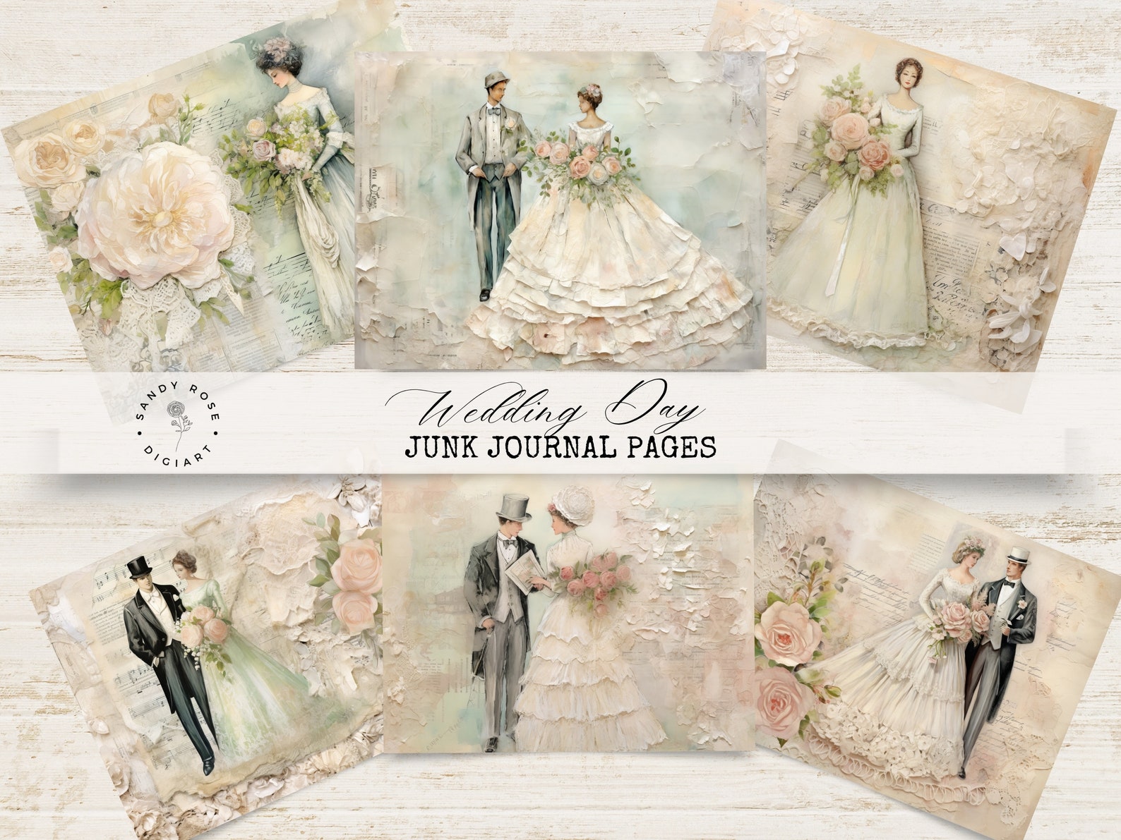 Junk Journal Just Married, 6 Watercolor Digital Papers, Distressed ...