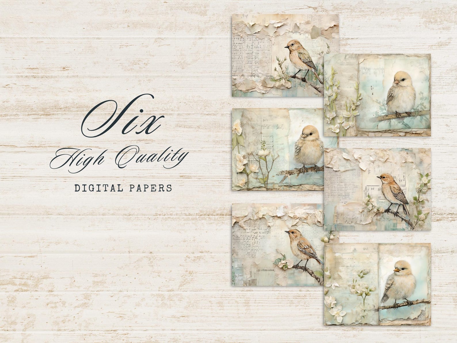 Vintage Bird Junk Journal Papers, Watercolor Digital Papers, Distressed ...