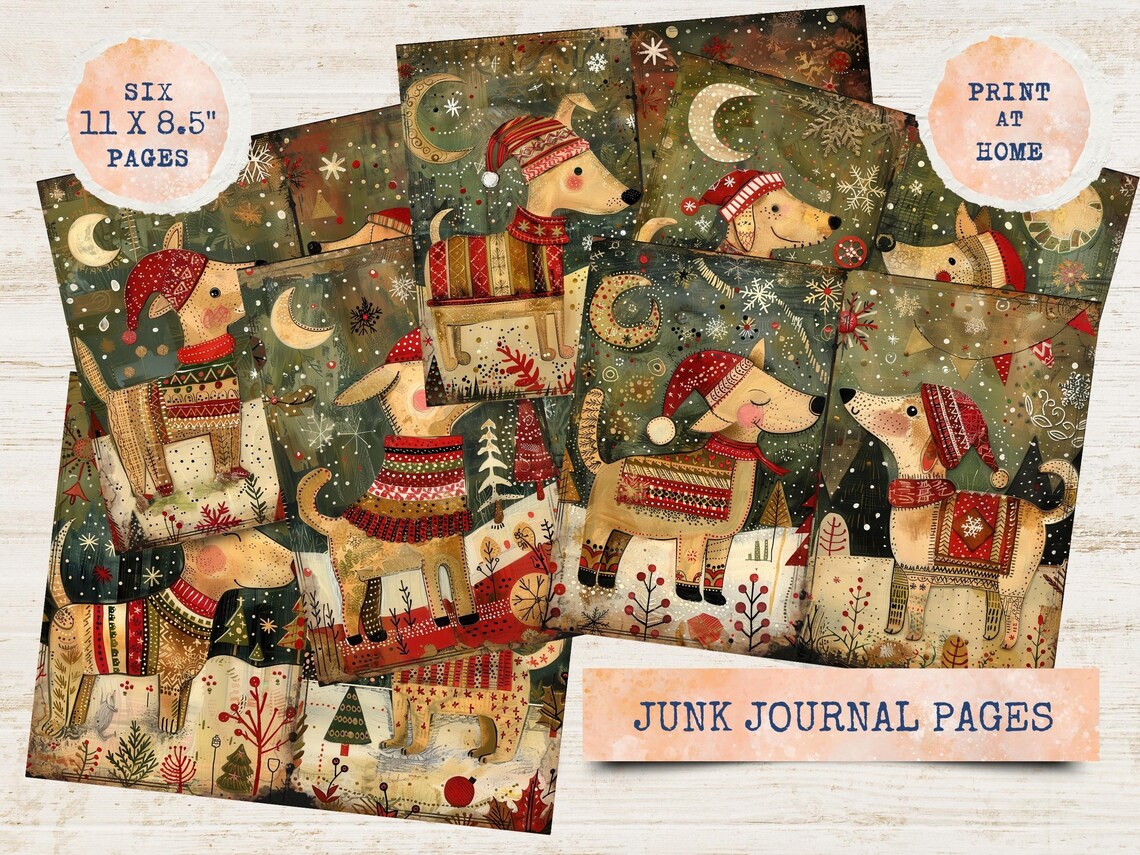 Pet Christmas Junk Journal, Santa Dog Digital Papers, Yule Scrapbook ...
