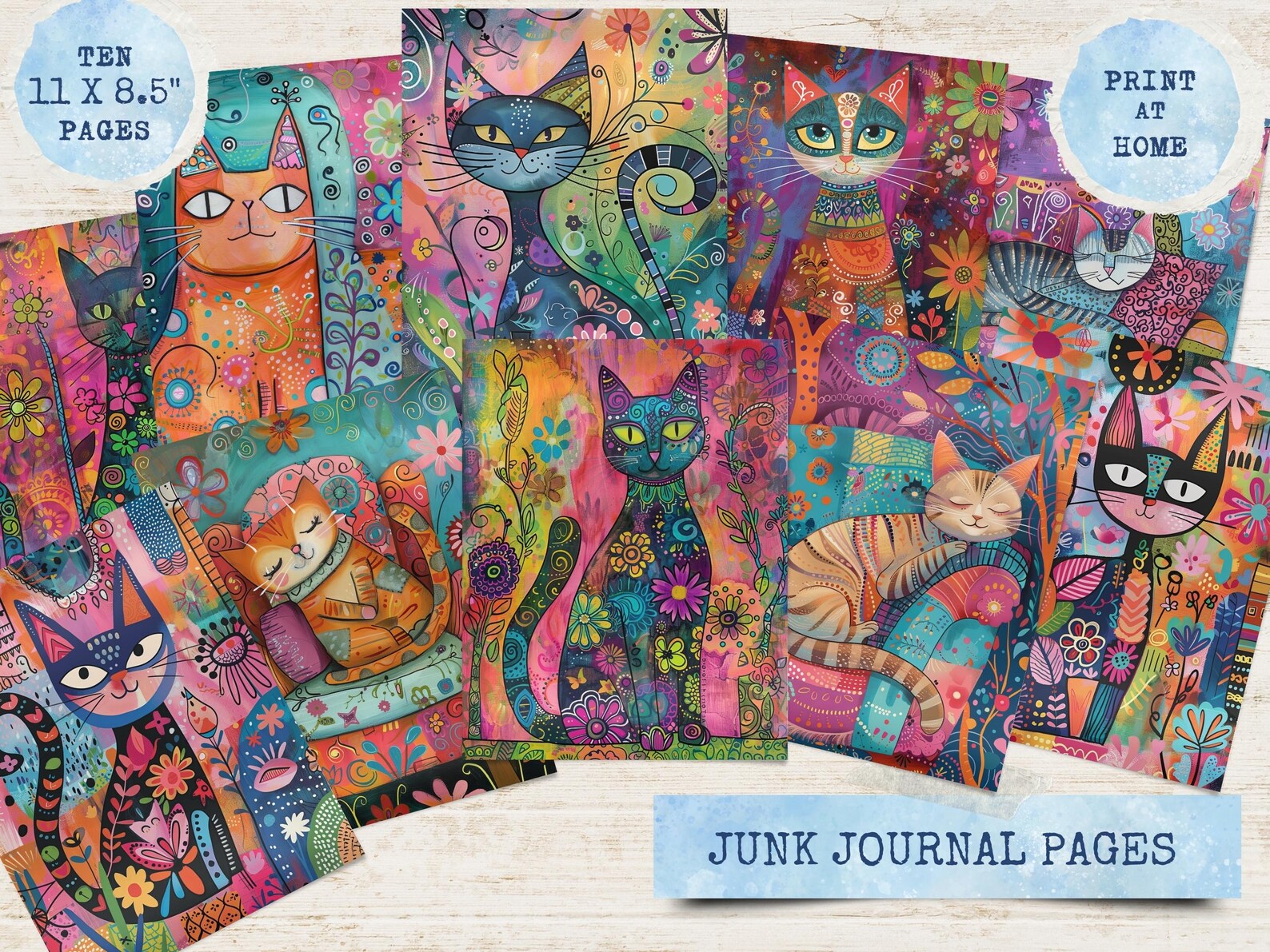 Whimsical Cat Junk Journal, Colorful Scrapbook Pages, Printable Paper ...