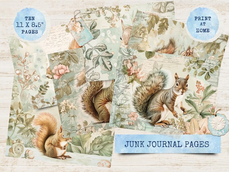 Woodland Animals Junk Journal, Squirrel Digital Paper, Watercolor ...