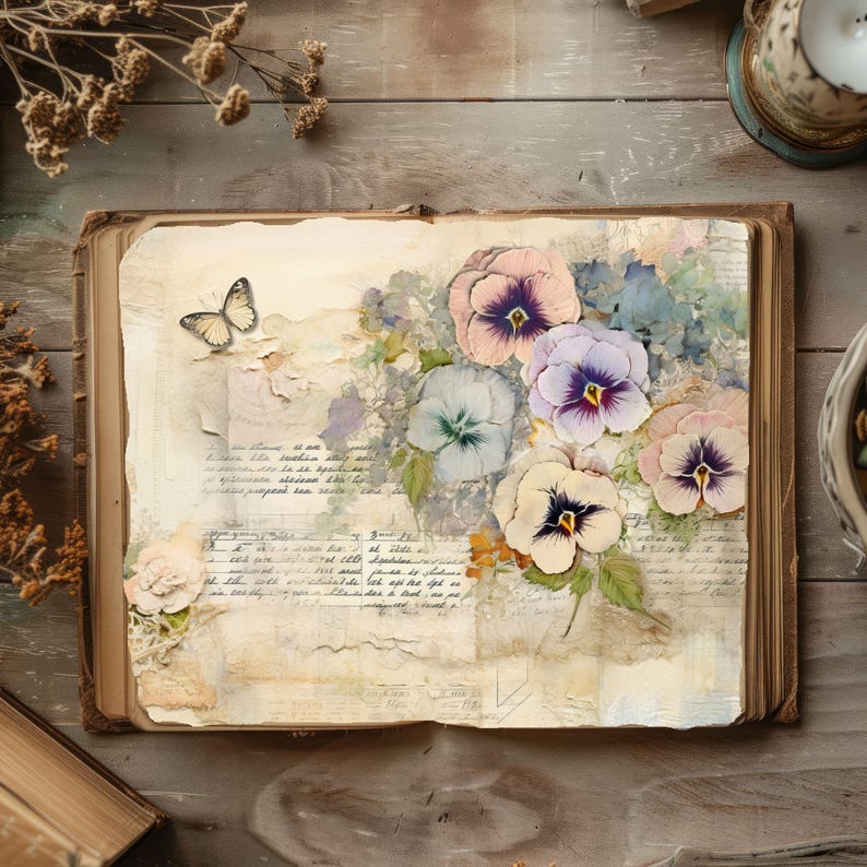 Pansy Junk Journal Kit, Scrapbook Papers, Rustic Journal, Paper Craft ...