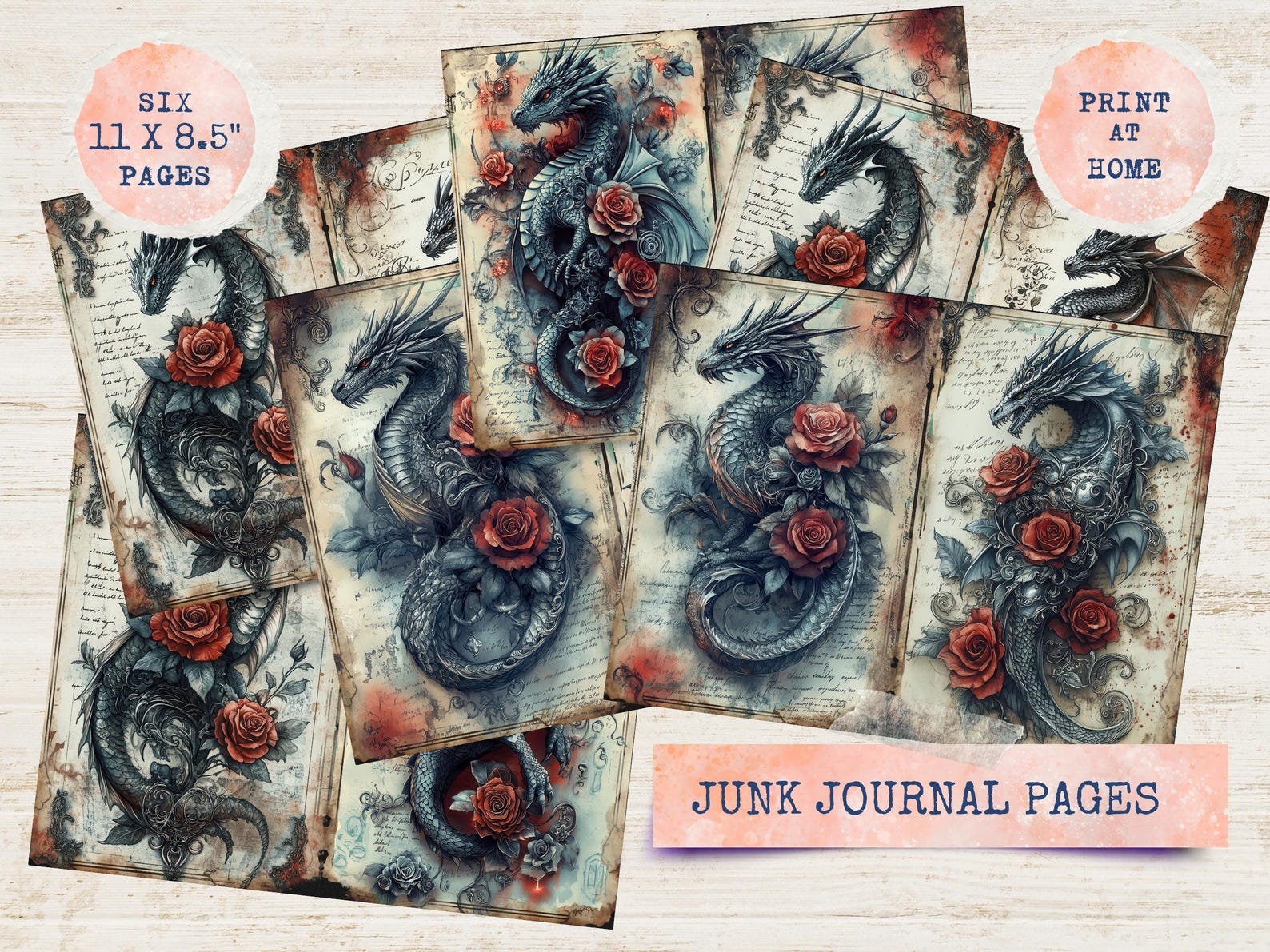 Dragon Junk Journal Kit, Silver Dragon Digital Papers, Scrapbook Papers ...