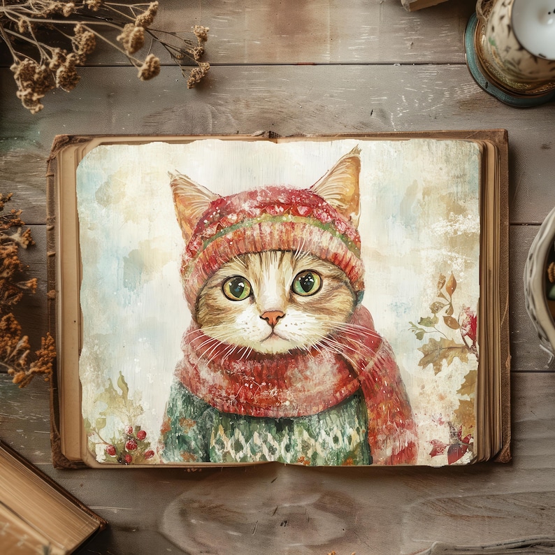 Junk Journal Christmas Cats Kittens, Festive Cat Scrapbook, Printable ...
