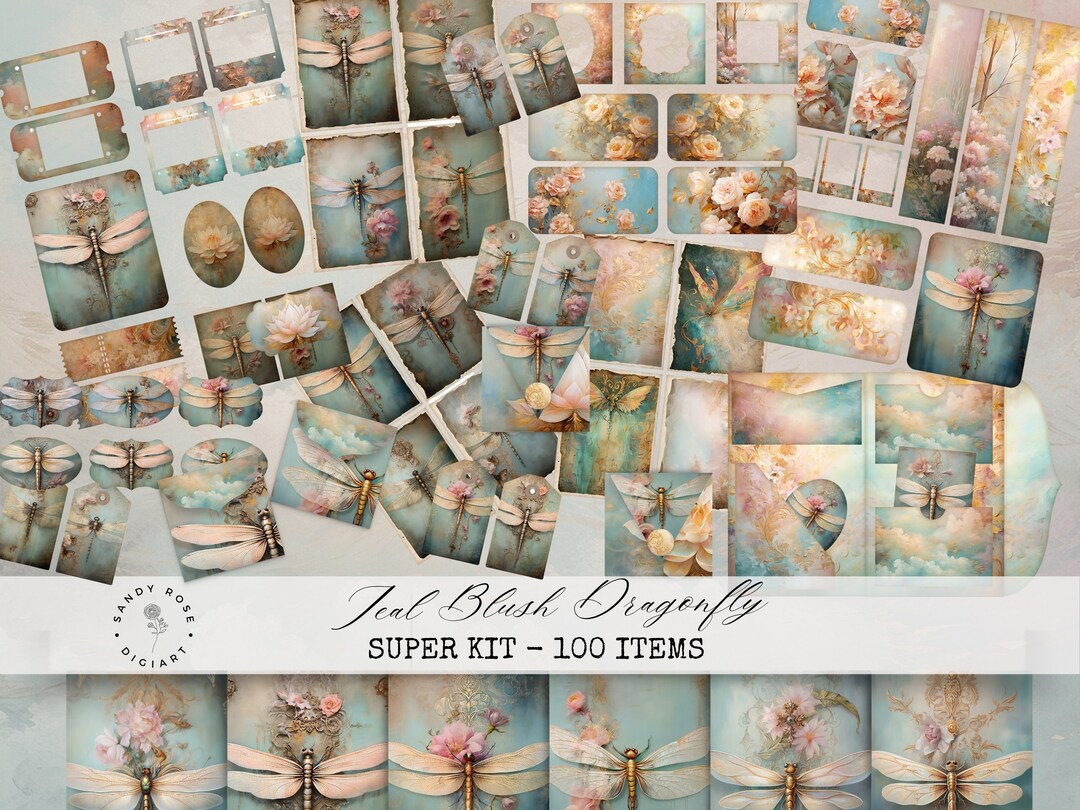 Dragonfly Junk Journal Kit, Teal Pink Vintage Scrapbook Papers, Rustic ...