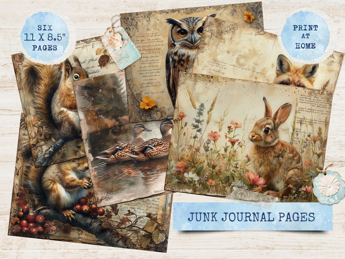 Woodland Animals Junk Journal Kit, Owl Digital Paper, Fox Distressed ...