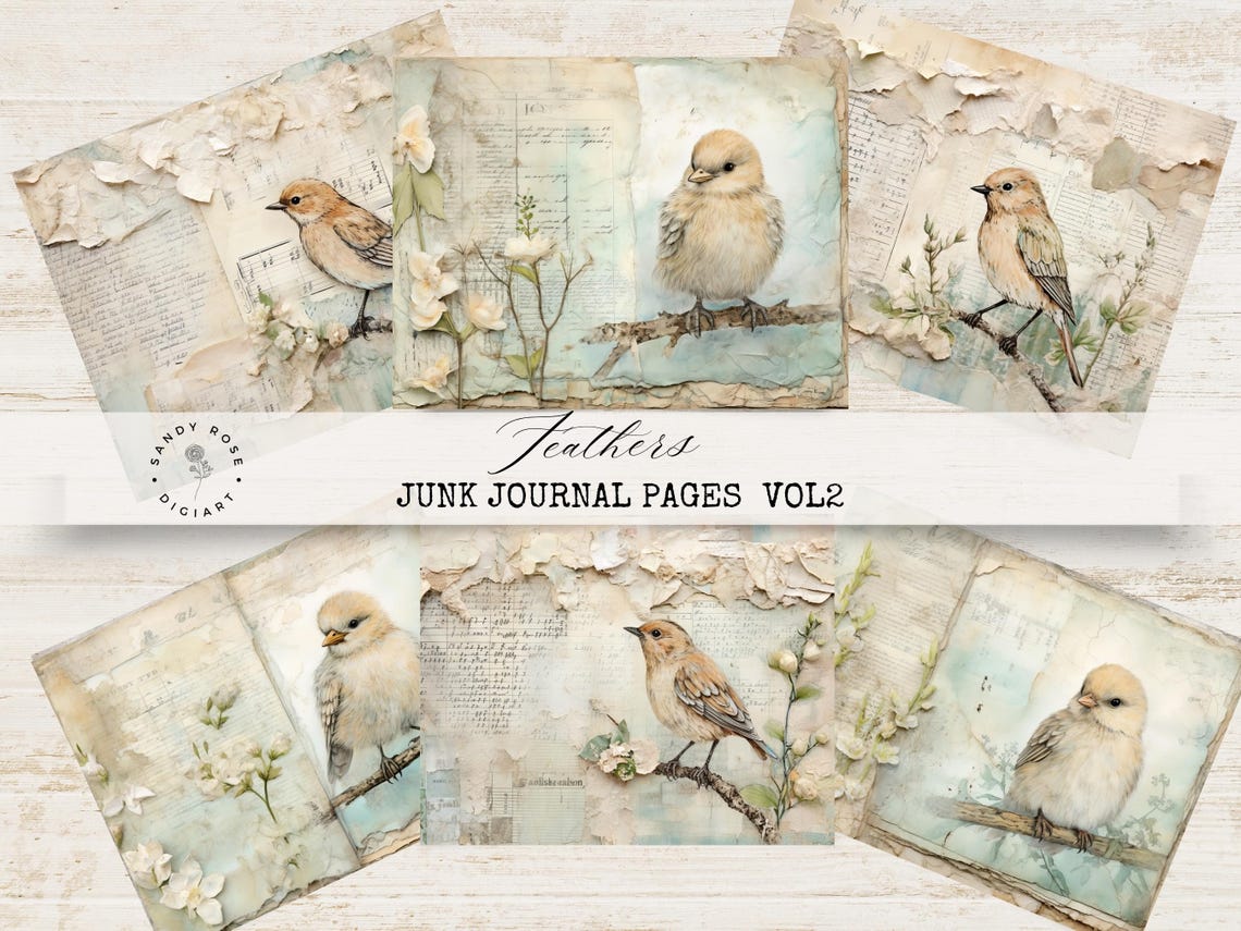 Vintage Bird Junk Journal Papers, Watercolor Digital Papers, Distressed ...