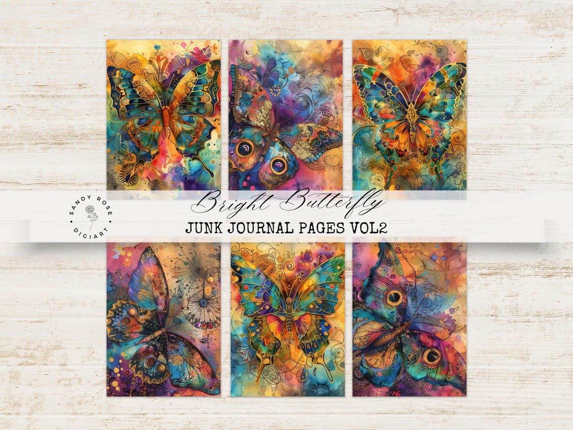 Colorful Junk Journal Kit, Butterfly Scrapbook Papers, Rustic Journal ...