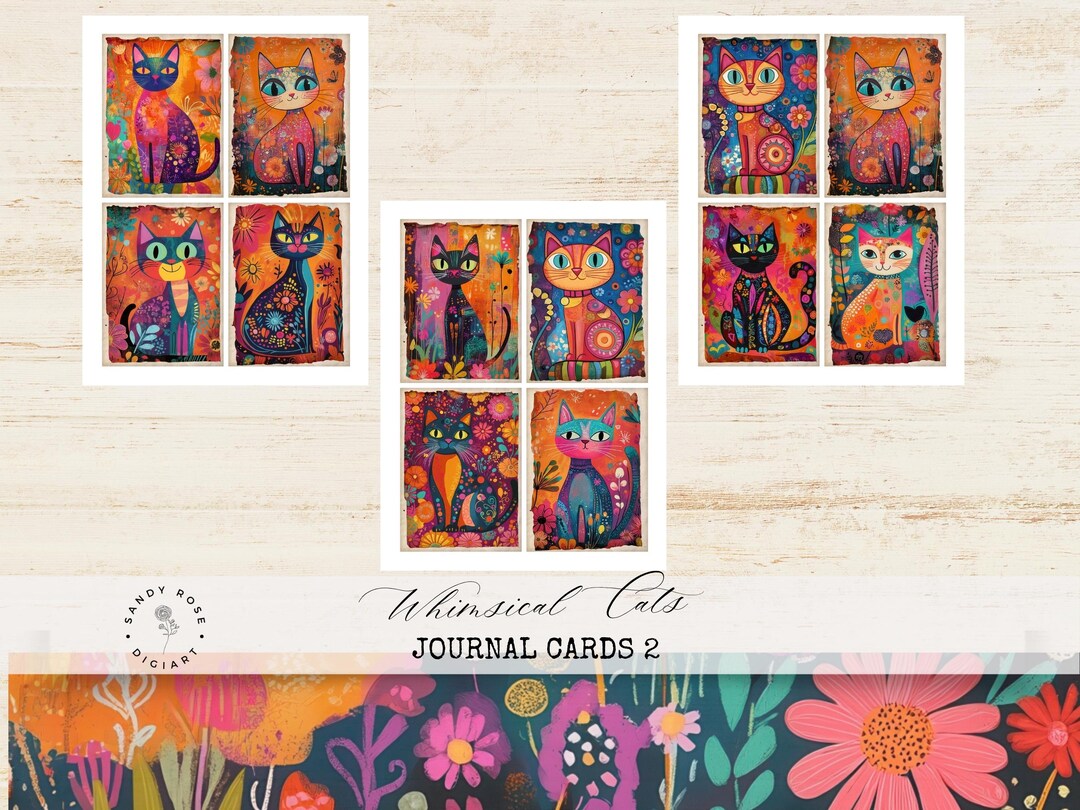 Whimsical Ephemera Cards, Quirky Cats Digital Printable, Colorful ...