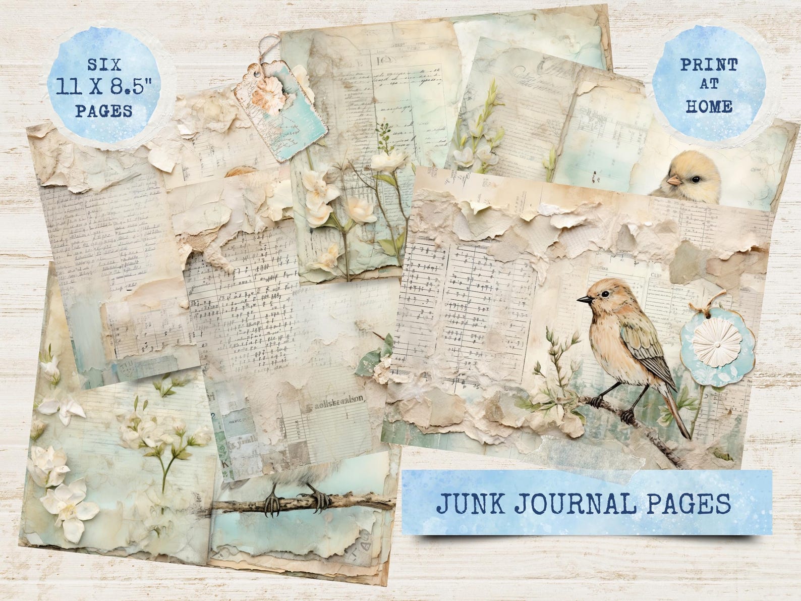 Vintage Bird Junk Journal Papers, Watercolor Digital Papers, Distressed ...