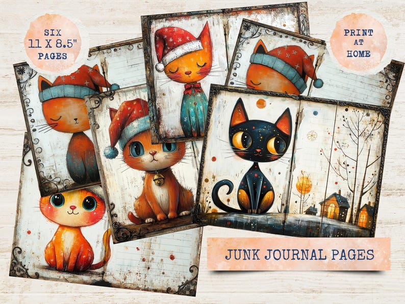 Junk Journal Lined Pages, Santa Cat Digital Papers, Yule Scrapbook ...