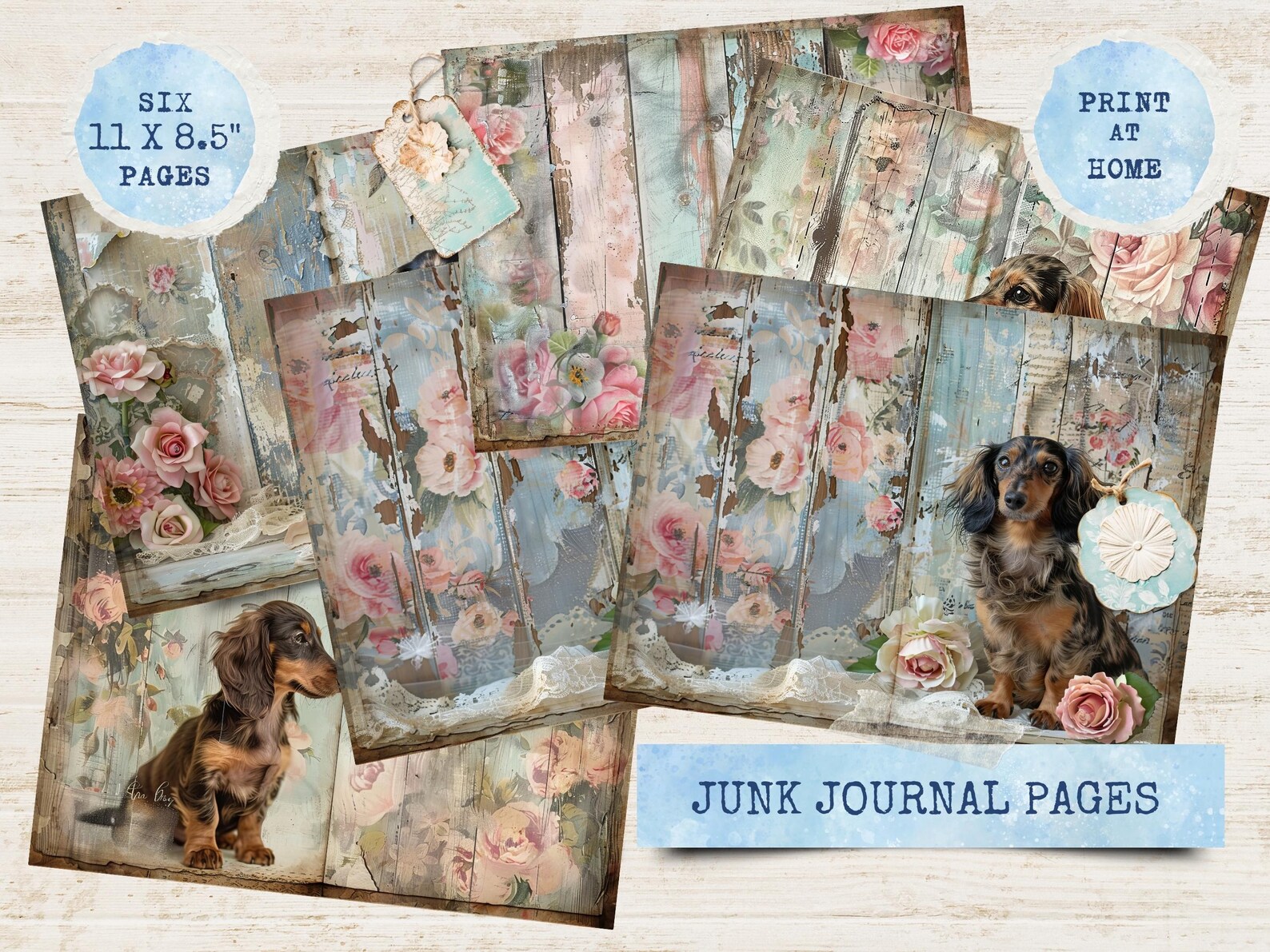 Junk Journal Pages Dog, Dachshund Vintage Scrapbook Paper, Rustic ...