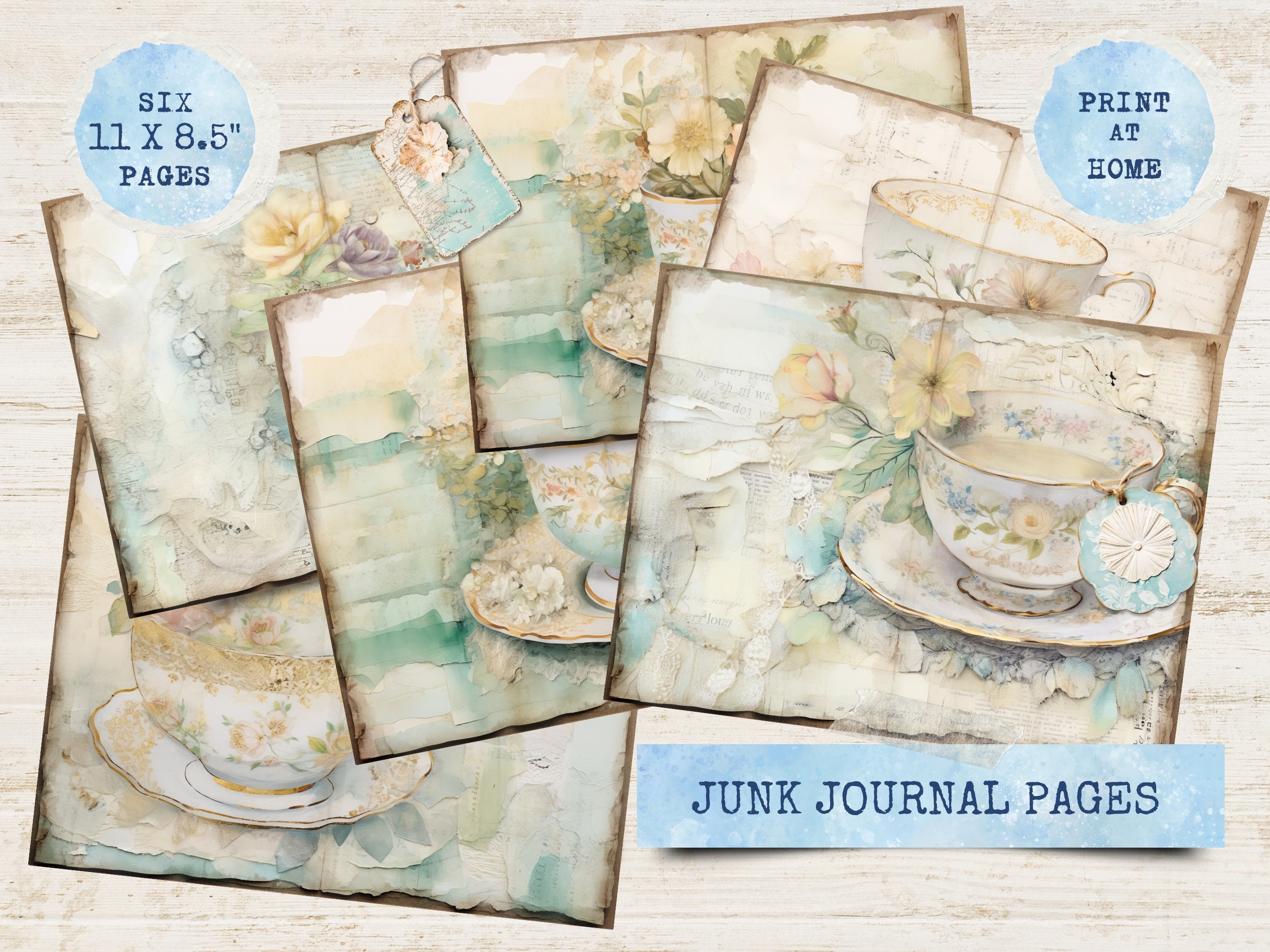 Tea Cup Junk Journal Papers, Pastel Scrapbook Pages, Rustic Tea Journal ...