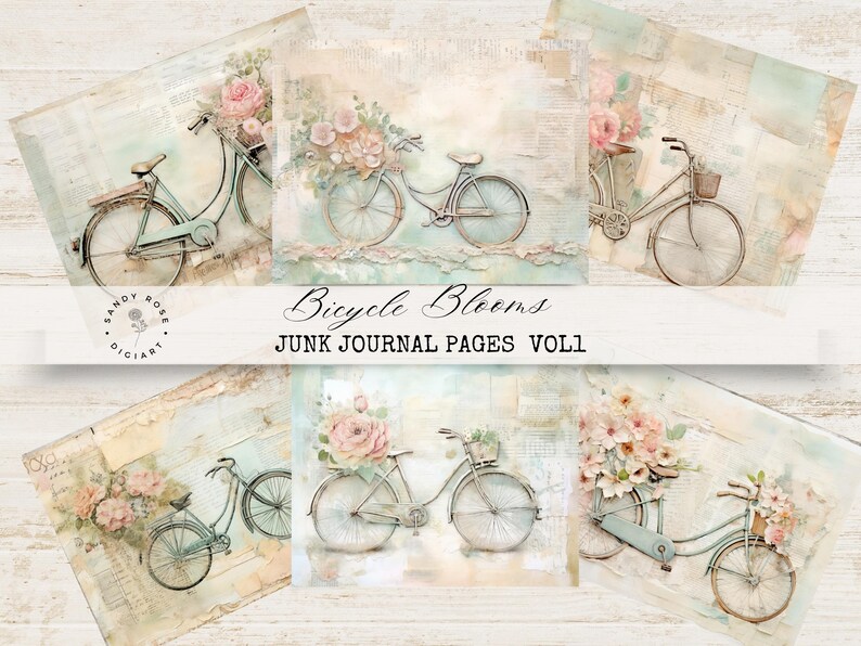 Junk Journal Kits Bikes, Vintage Scrapbook Pages, Watercolor Bicycle ...