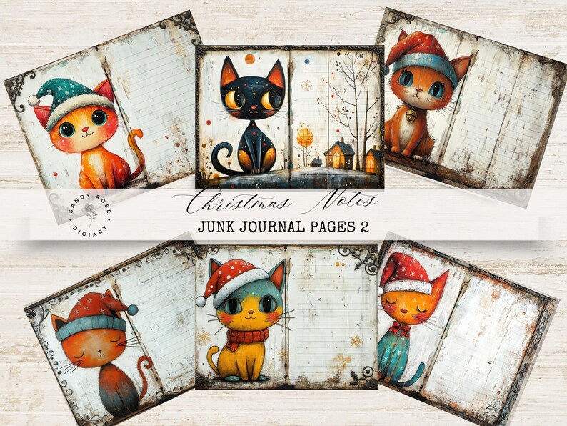Junk Journal Lined Pages, Santa Cat Digital Papers, Yule Scrapbook ...