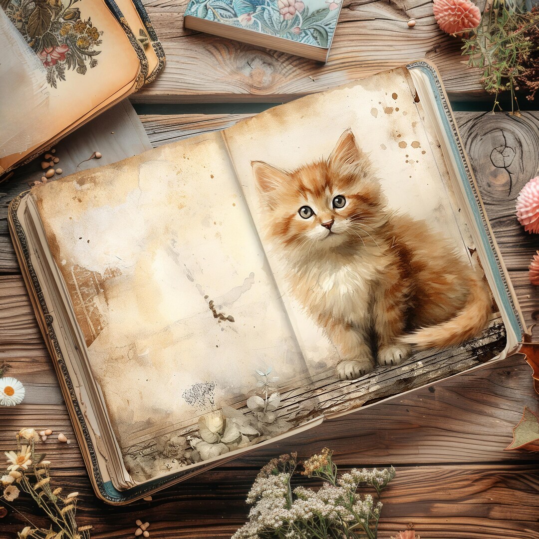 Printable Dog Cat Junk Journal Paper, 6 Vintage Kitten Scrapbook Pages ...