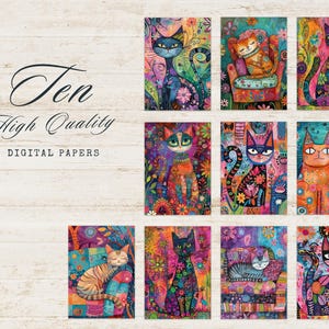 Whimsical Cat Junk Journal, Colorful Scrapbook Pages, Printable Paper ...