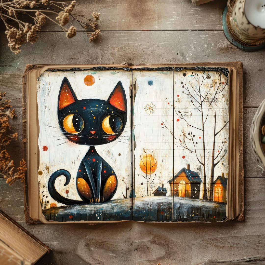 Junk Journal Lined Pages, Santa Cat Digital Papers, Yule Scrapbook ...