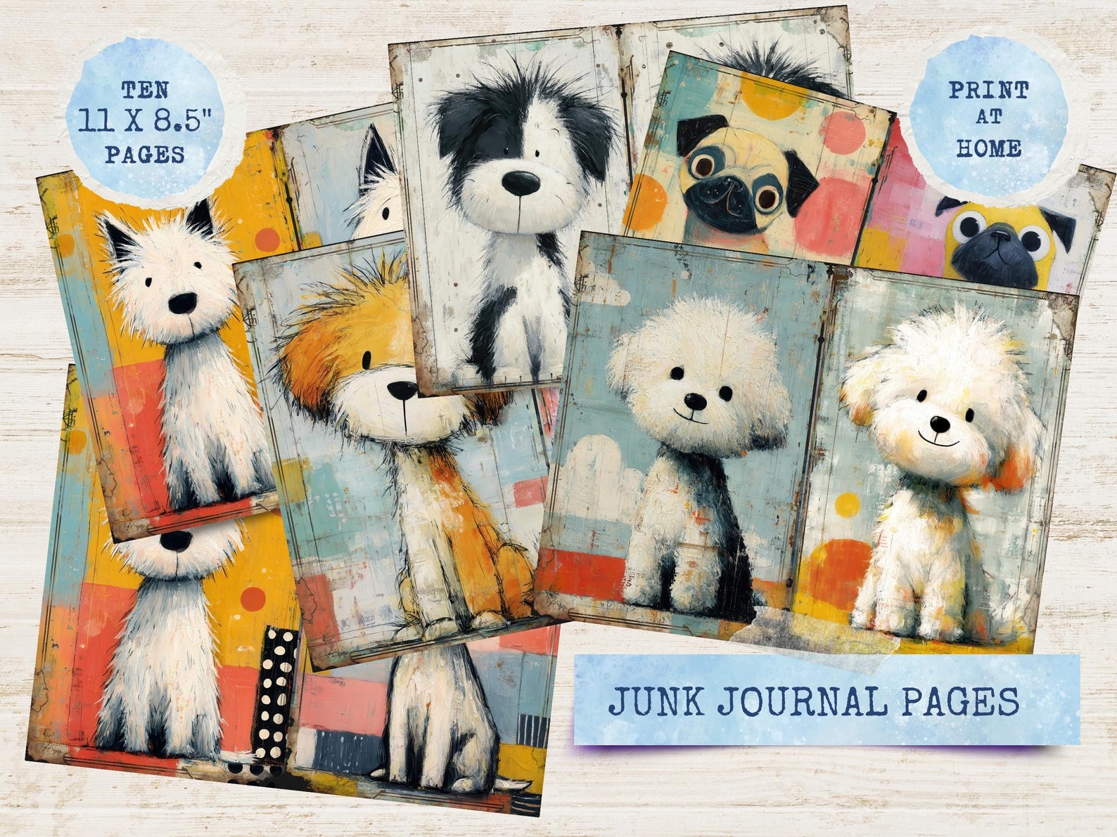 Junk Journal Pages Dogs, Whimsical Scrapbook Papers, Rustic Journal ...
