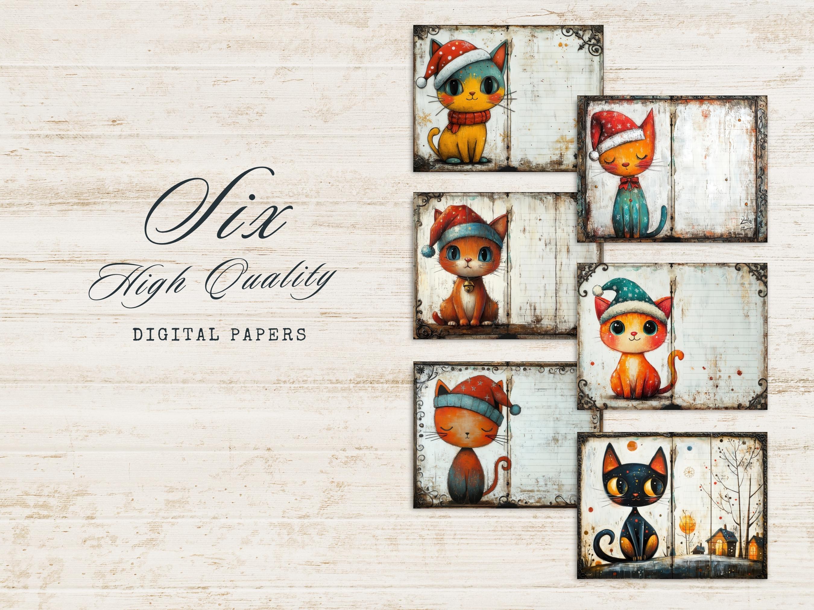 Junk Journal Lined Pages, Santa Cat Digital Papers, Yule Scrapbook ...