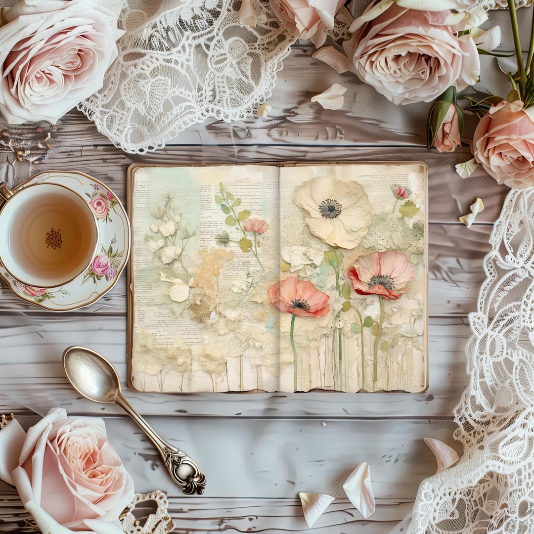 Poppy Junk Journal, Pastel Flowers Scrapbook, Rustic Floral Ephemera ...