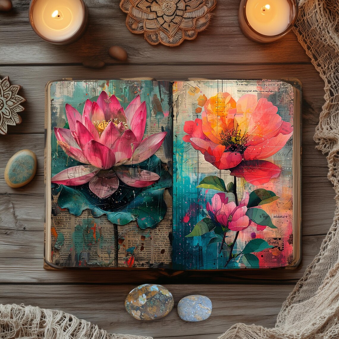Whimsical Flower Junk Journal Pages, Bright Blooms Scrapbook Images ...