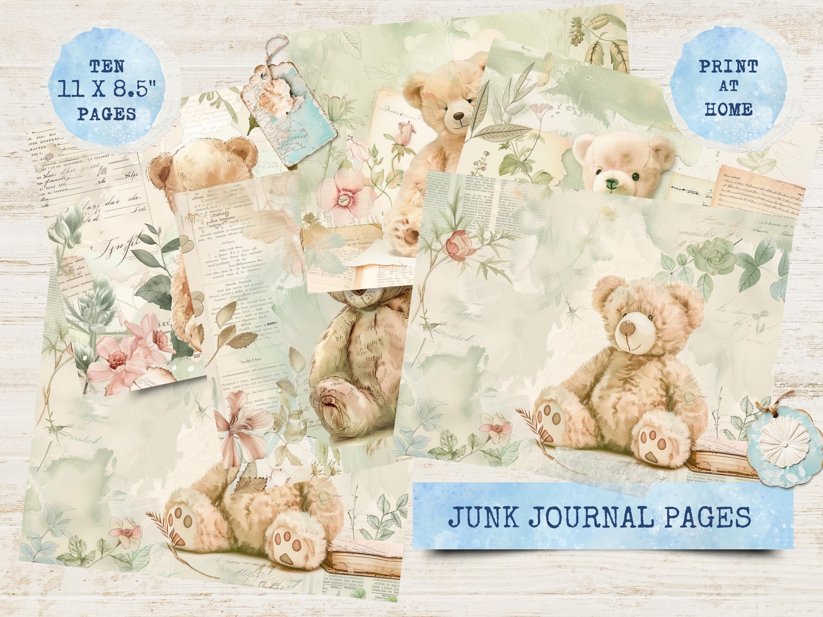 Sage Green Junk Journal Printable, Plush Bear Scrapbook Page, Rustic ...
