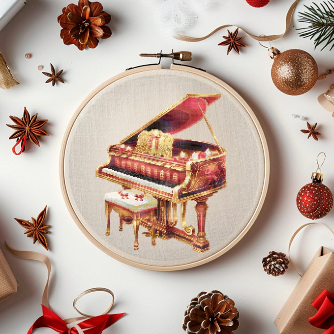 Piano Cross Stitch Pattern Instant PDF Download - Red Piano Watercolor ...